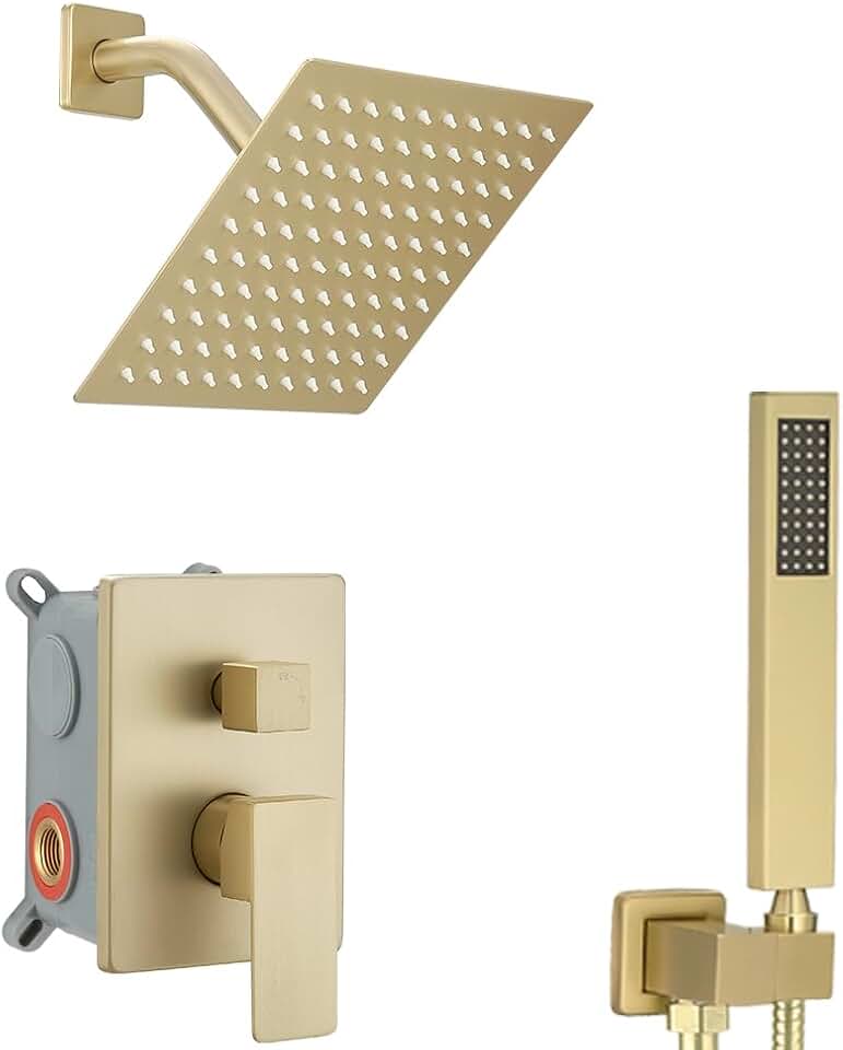 Brushed Gold Shower System with High Pressure 8'' Rainfall Shower Head ...
