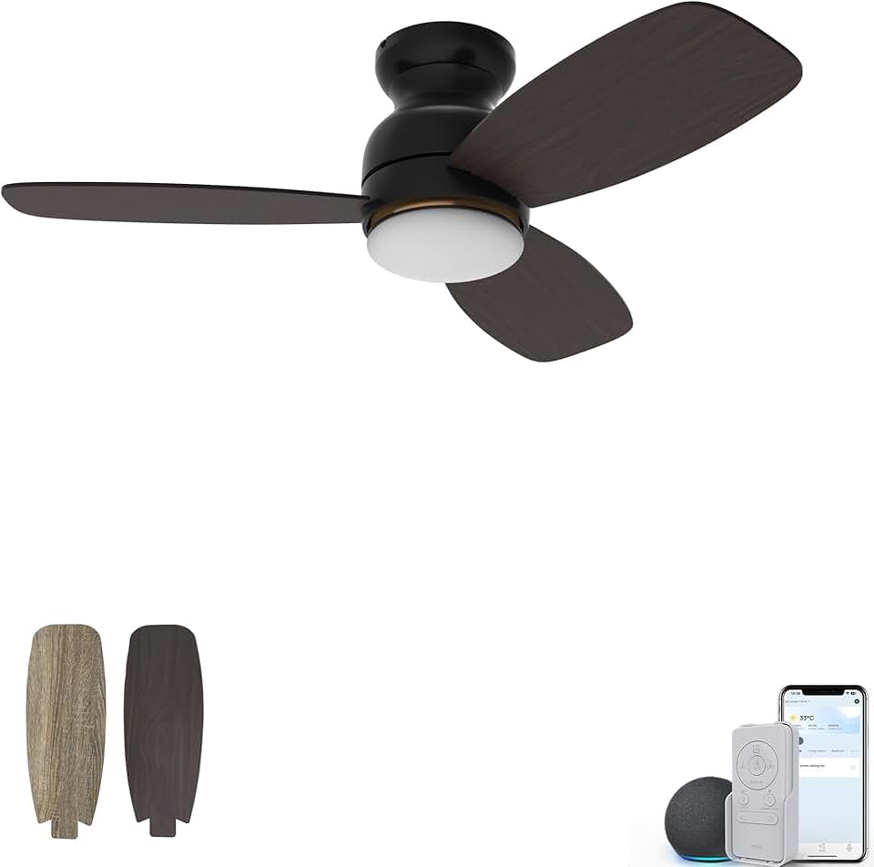 52" Black Smart Flush Mount Ceiling Fan with Lights, DC 10 Speeds Low ...