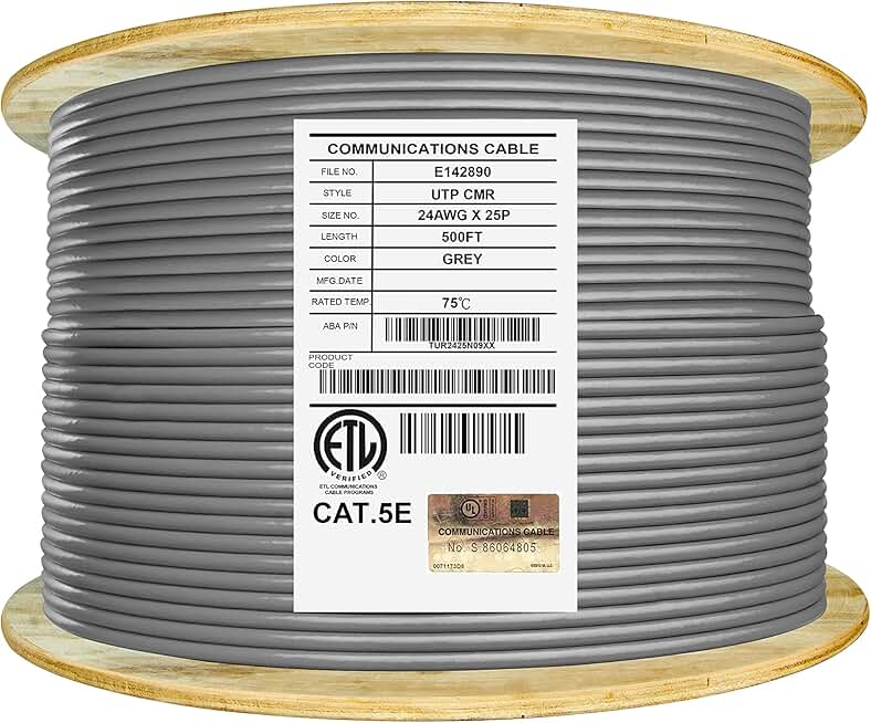 Elite 25 Pair Cat5e Riser (CMR), 500ft, UTP 24AWG, Solid Bare Copper ...