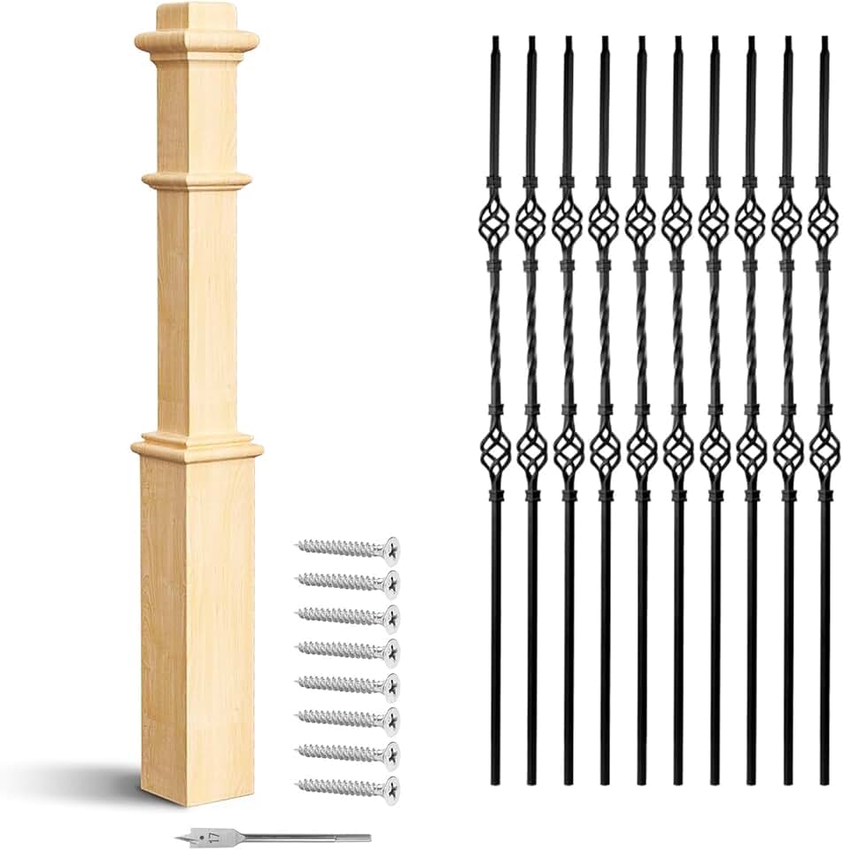 Muzata 48'' Wood Box Newel Post Red Oak Staircase Post Plain Style with ...