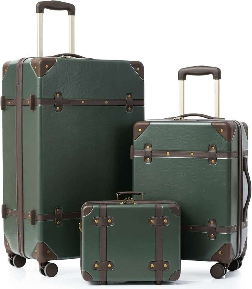 Vintage Trunk Luggage Set with Brown Trim, Lightweight and Durable Hard ...