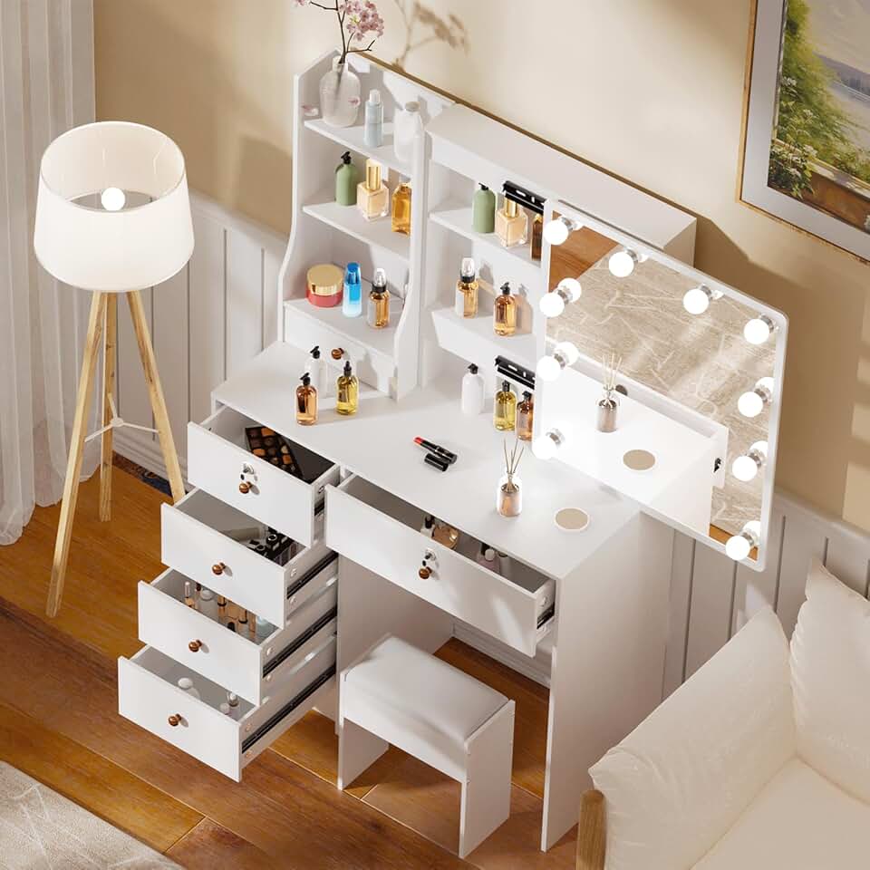 Hollywood Vanity Set with 6 Storage Drawers and 6 Display Cabinets ...