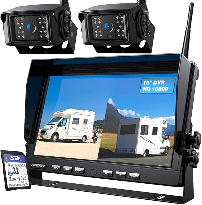 10'' 1080P Wireless Backup Camera System, 10 Inch DVR Dual/Quad Monitor ...