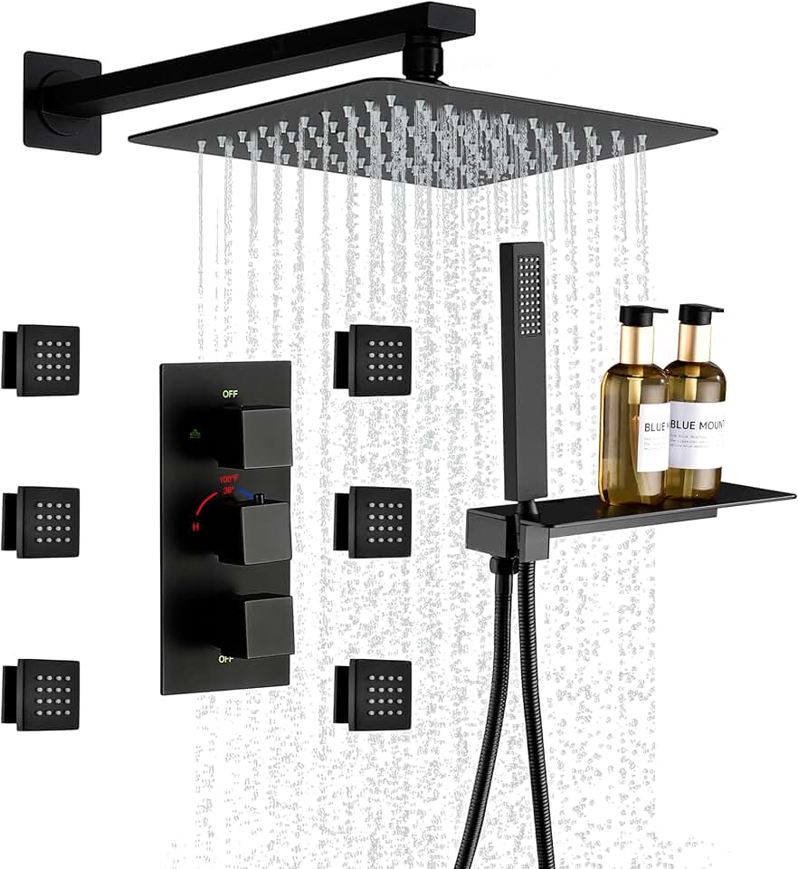 Thermostatic Rain Shower System with 6 Body Jets - 10" Wall Mounted ...