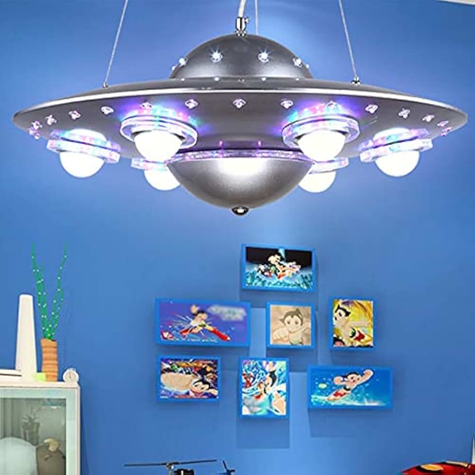 Alien UFO Pendant Lighting Kids Metallic Silver Dimmable LED Chandelier ...