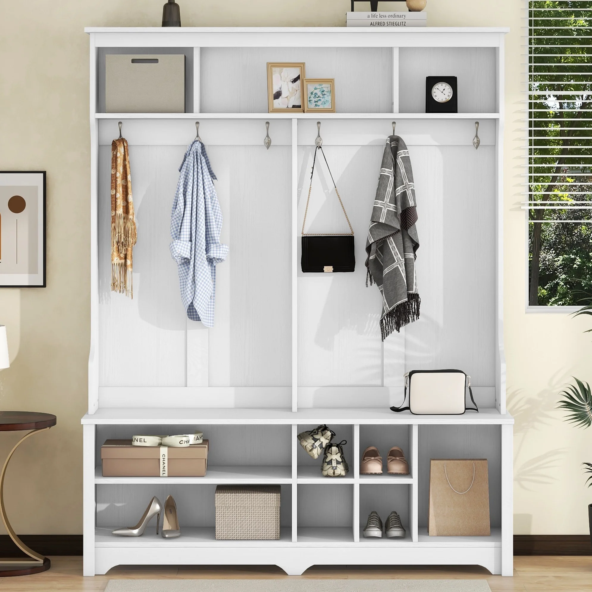 Hall Tree with Bench and Storage, Coat Rack with Shoe Cubbies, Modern ...
