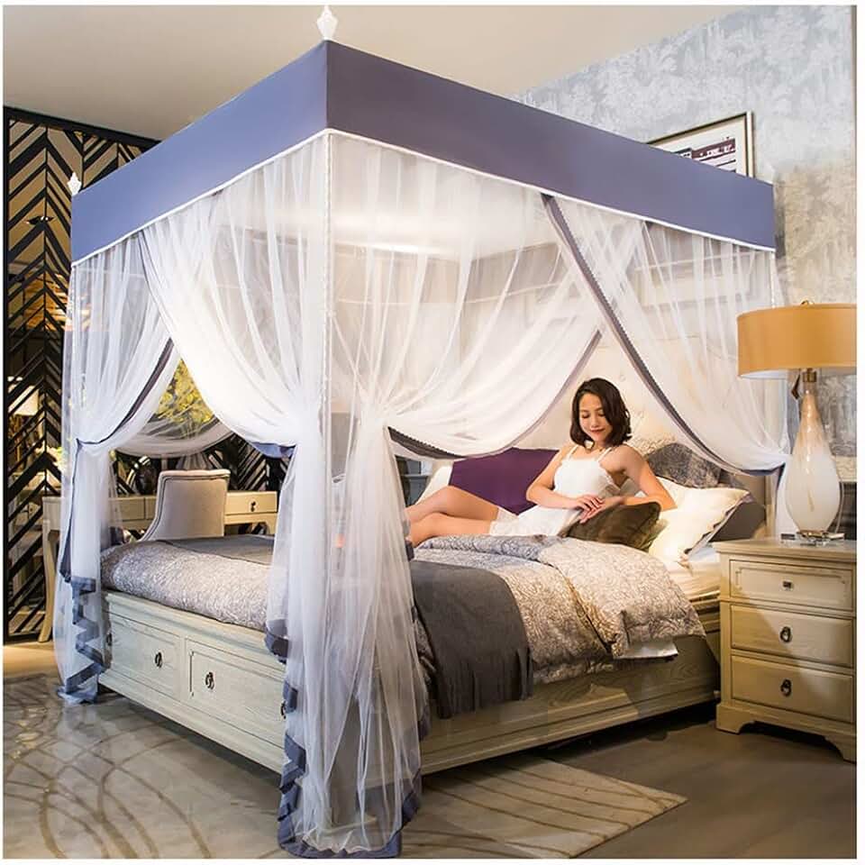 Summer Bed Canopy Mosquito Net, 4-Corner Column Bed Curtain with Metal ...