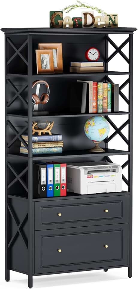 LITTLE TREE Bookcases with 2 Drawers Tall Narrow Bookshelf Retro 5 Tier ...