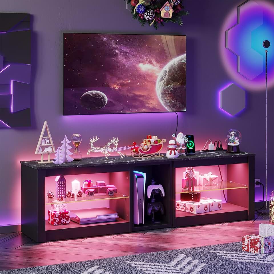 Bestier TV Stand for 70 inch TV with Power Outlets, LED Entertainment ...