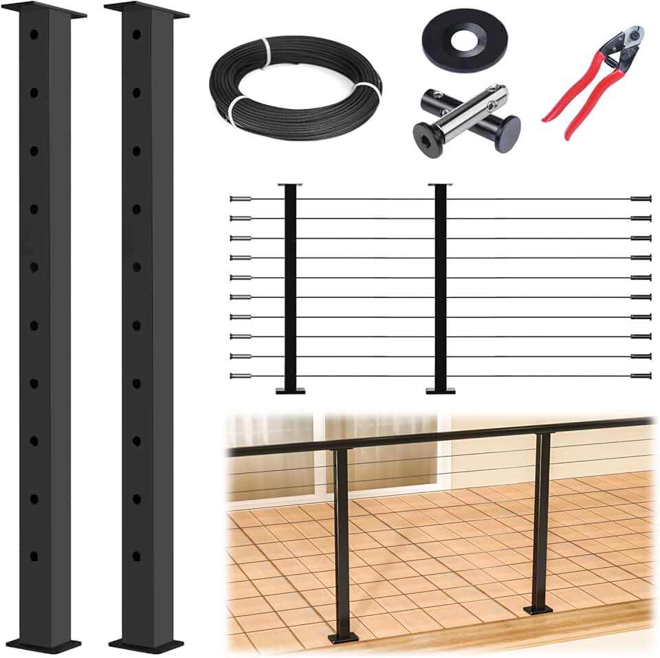 Muzata 3ft-6.5ft Cable Railing Kit 36" 2PACK Black Posts PS02 with ...