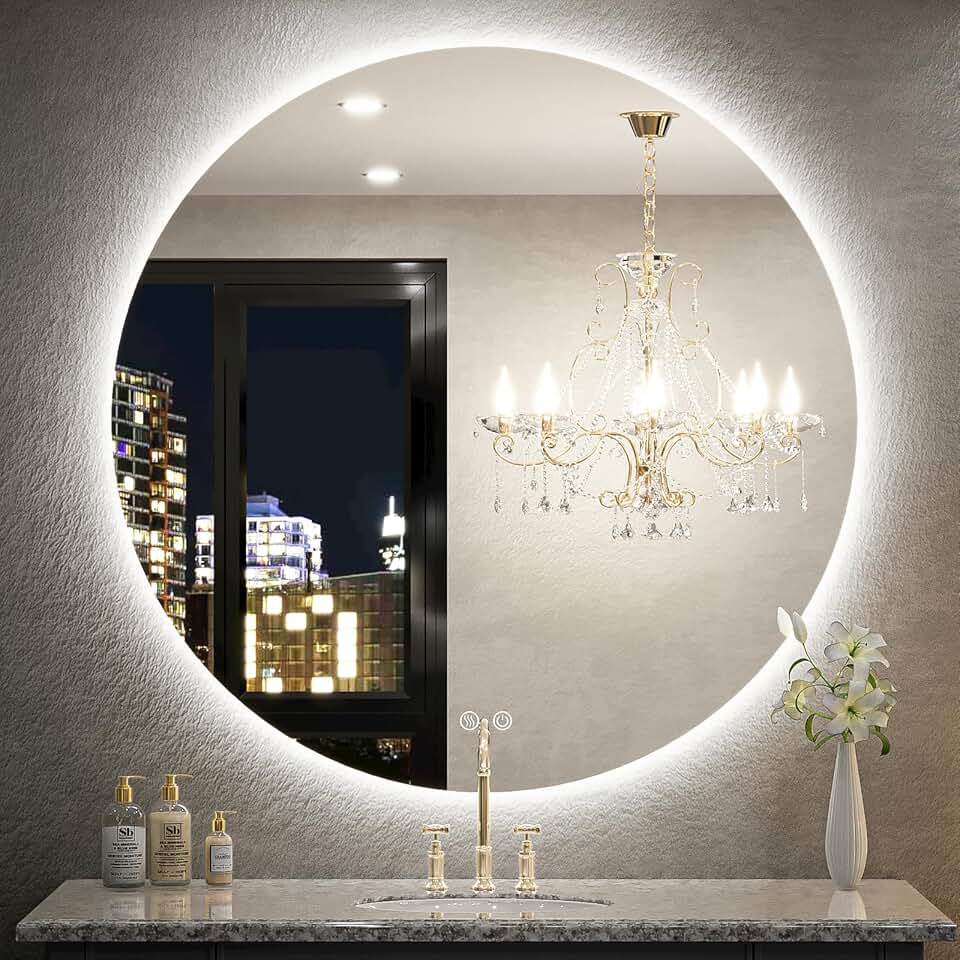 36 Inch LED Round Mirror,Backlit Lighted Bathroom Mirror,6000K Wall ...