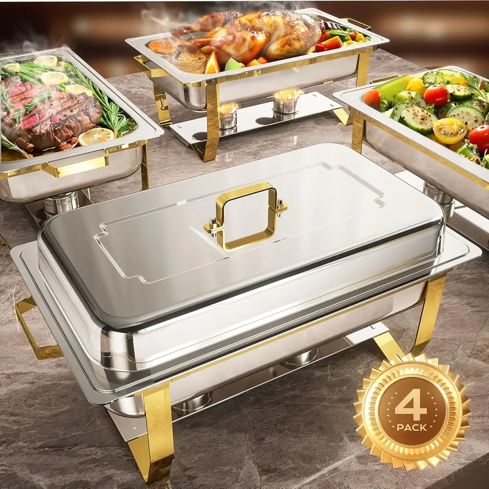 Chafing Dishes for Buffet 4 Pack, 8QT [Elegant & Sturdy] Chafing Dish Buffet Set, Stainless ...