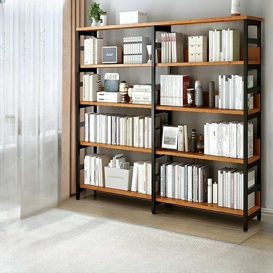 LITFAD Modern Storage Rack Oak Metal Bookcase Open Back Floor Bookshelf ...
