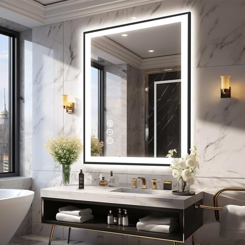 30x36 Lighted Mirrors for Bathroom Wall, Modern Rectangle Matte Black Mirror, Tempered Glass ...