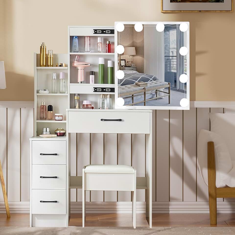 Vanity Table with Display Shelves and Storage Drawers, Hollywood Makeup ...