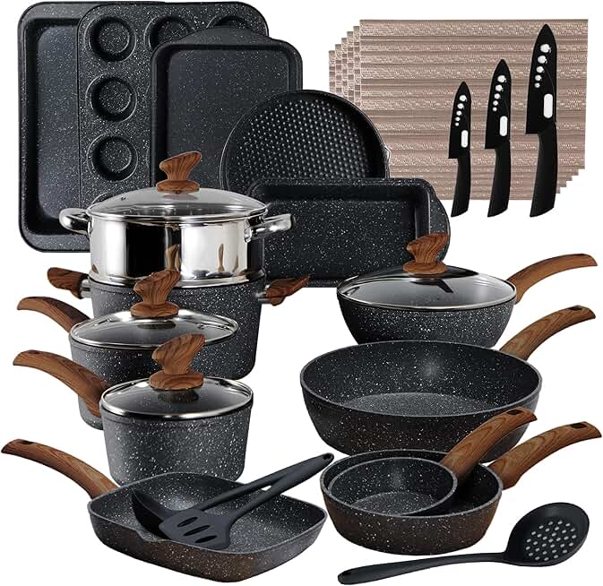 Kitchen Induction Cookware & Bakeware Set - 30 Piece Black Granite ...