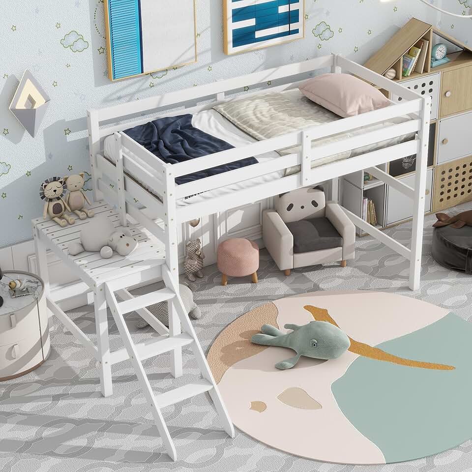 Dolonm Twin Loft Bed with Platform, Wooden Low Height Loft Bed Frame ...