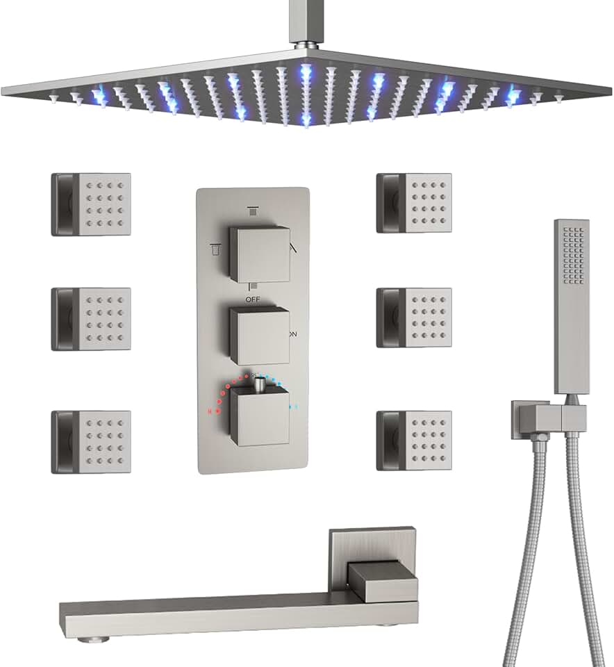 Brushed Nickel Rainfall Shower System 4 Modes Thermostatic Shower ...