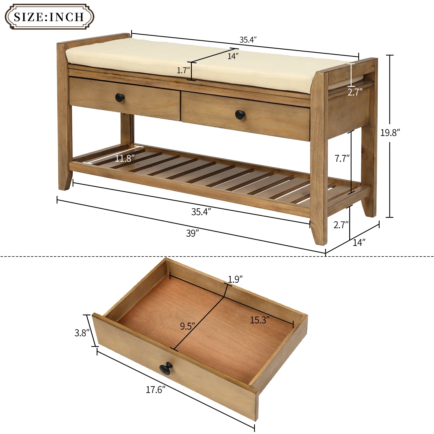 Entryway Shoe Rack Bench with Cushioned Seat, Drawers, and Multipurpose ...