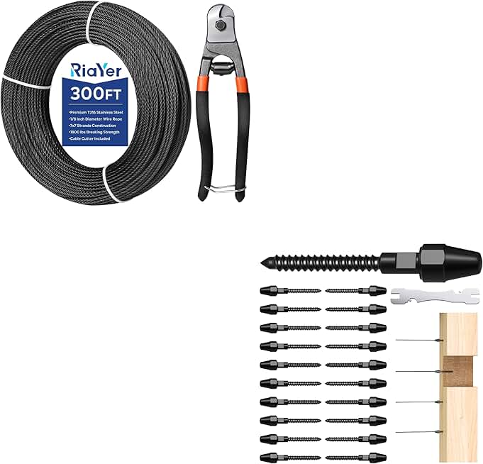 300FT 1/8" Black Wire Rope with Cutter + 10 Pairs Black Cable Railing ...