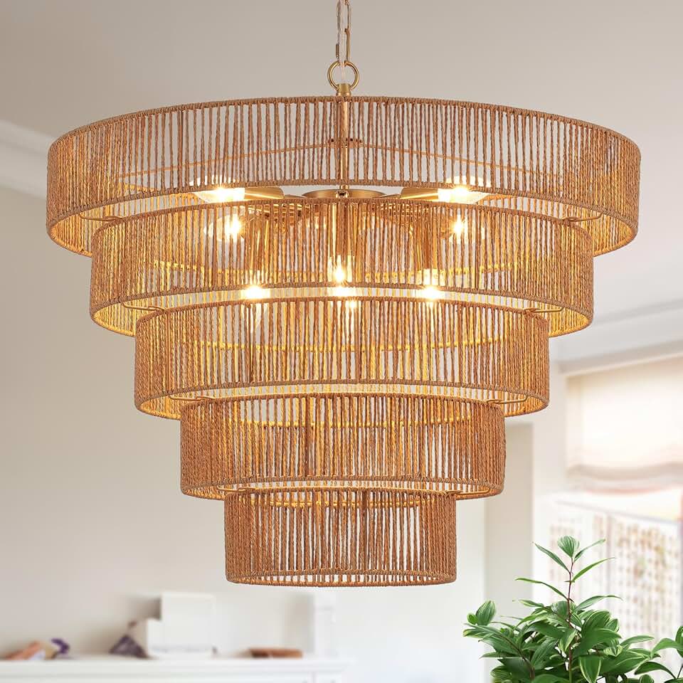 Large Rattan Chandelier for Living Room 25.6in Vintage Chandeliers Hand ...