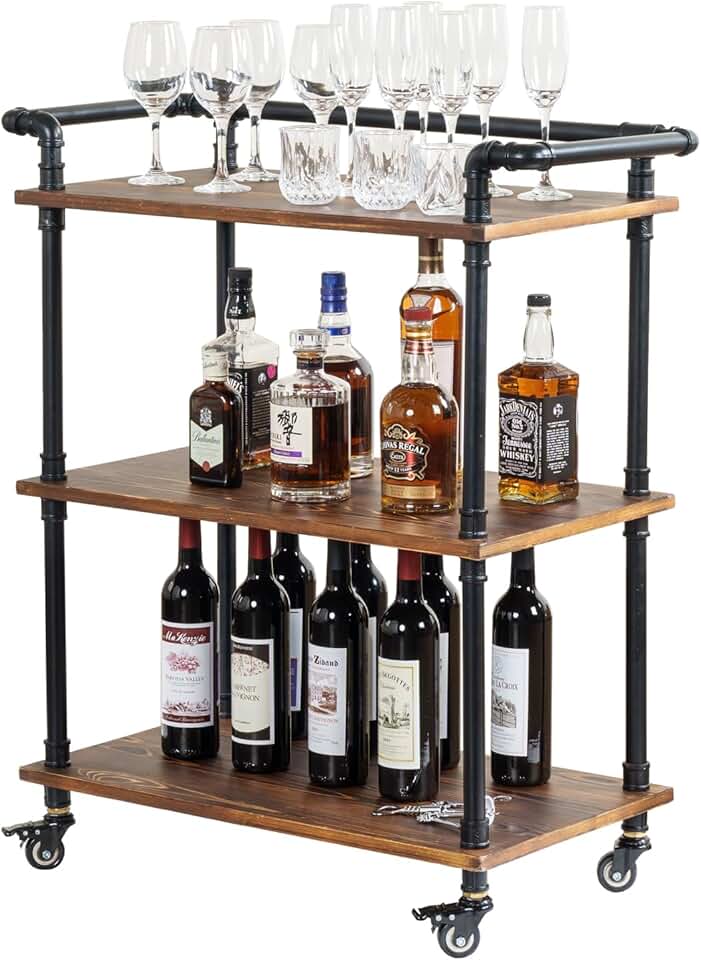 MyGift 3 Tier Bar Cart, Home Bar Serving Cart, Wine Trolley, Rustic ...