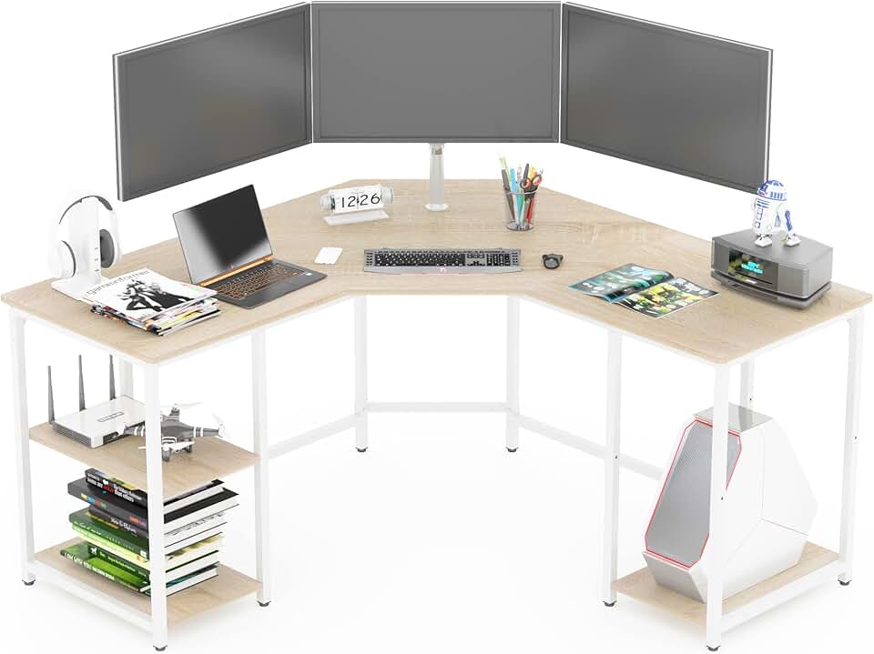 Elephance Large L-Shaped Computer Desk with Shelves, Corner Desk, Home ...