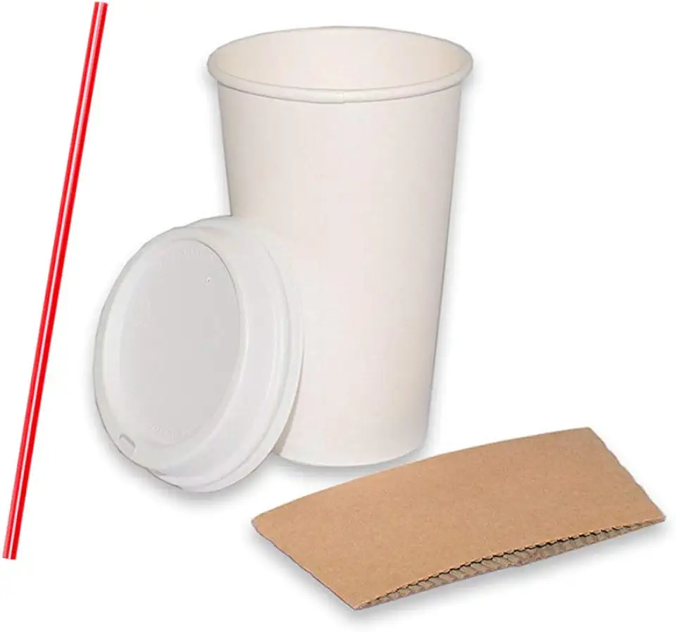 (1000 Sets) 16 oz White Paper Hot Cups with Dome Lids and Sleeves with ...