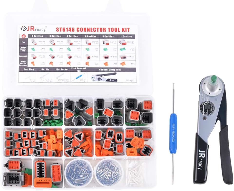 JRready ST6146 Deutsch Connector Kit with Crimper, DT 2 Pin Connector, 3 4 6 8 12 Pin Connectors ...