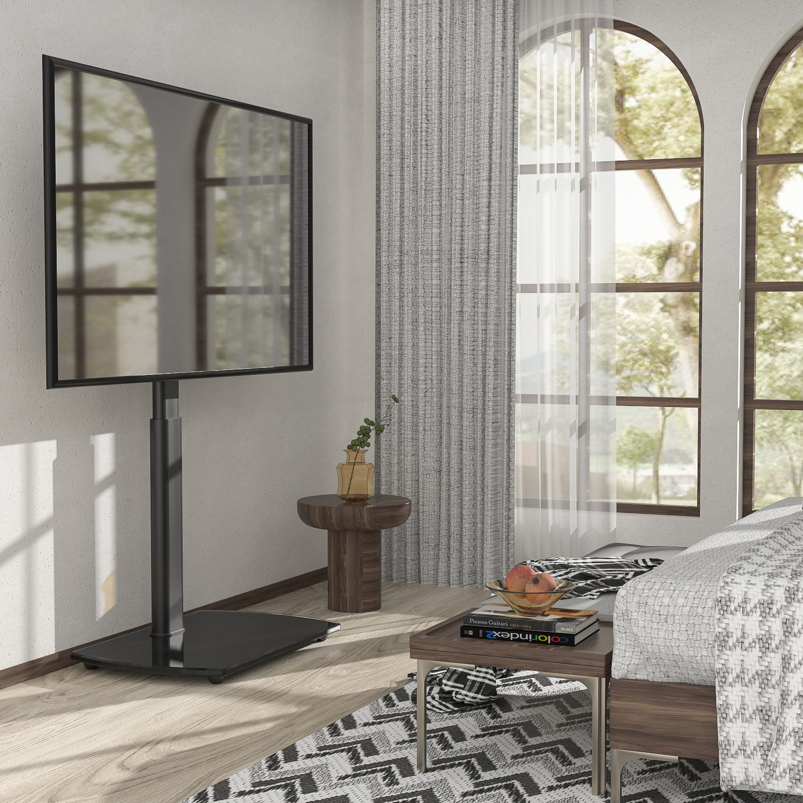 Modern Floor TV Stand for TVs up to 65 inch Glass Base, Black Swivel TV ...