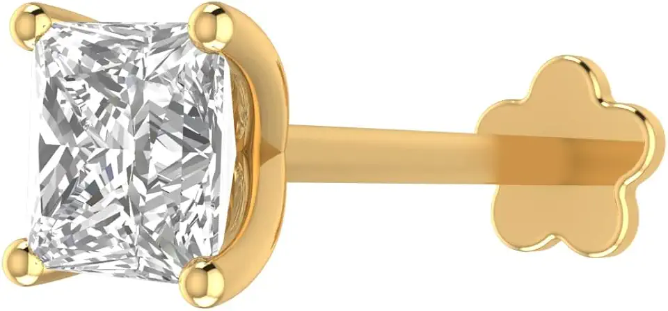 Princess Cut Diamond Nose Stud with 8 mm Internally Threaded 14K Yellow ...