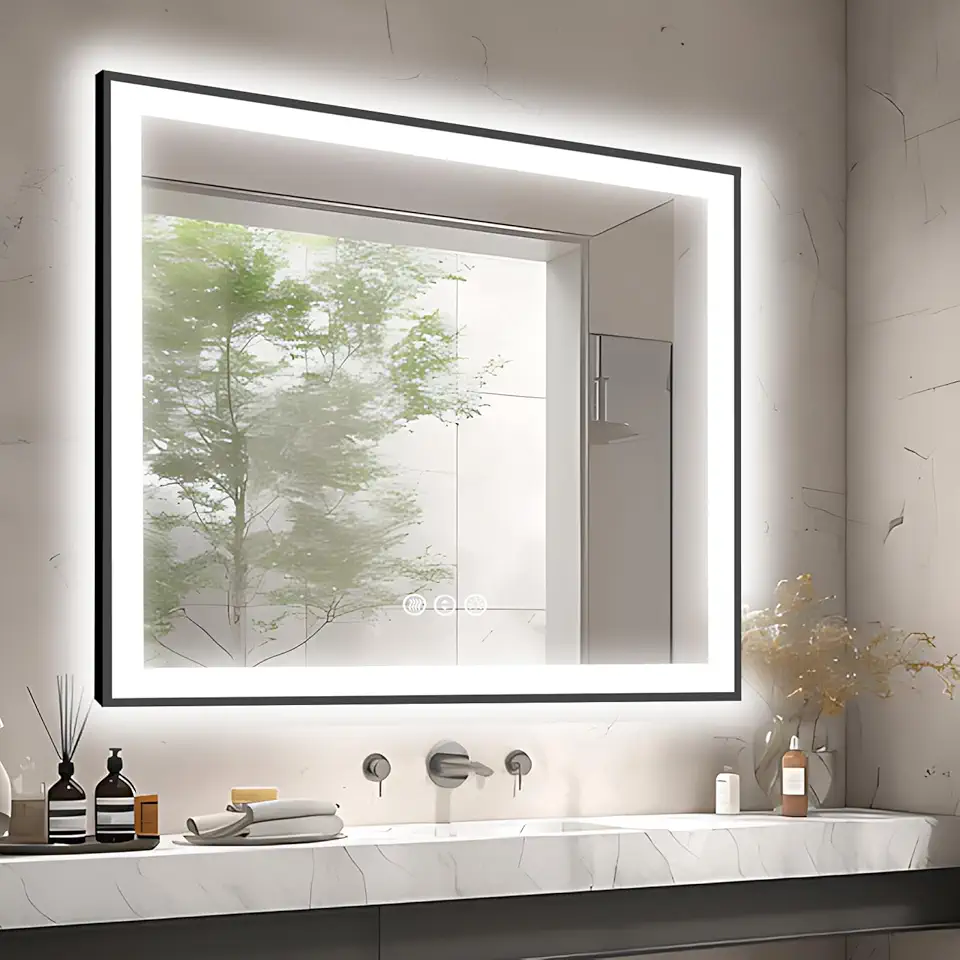 Trymiss 36x36 Square Bathroom Mirror with LED, Black Aluminum Trimmed ...