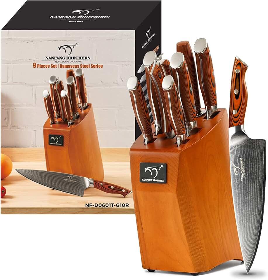 Damascus Kitchen Knife Set, 9-Piece Knives Set for Kitchen with Block ...