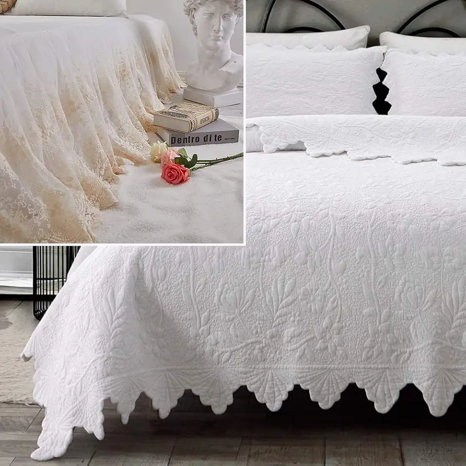 Brandream 4PC Quilt Bedding Set Scalloped White Quilts Set Queen Size ...