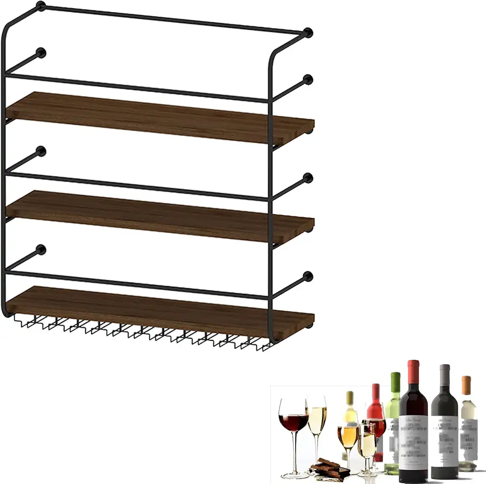 Metal Wine Rack Bar Shelves Wall Mounted with Hanging Wine Glass Rack ...