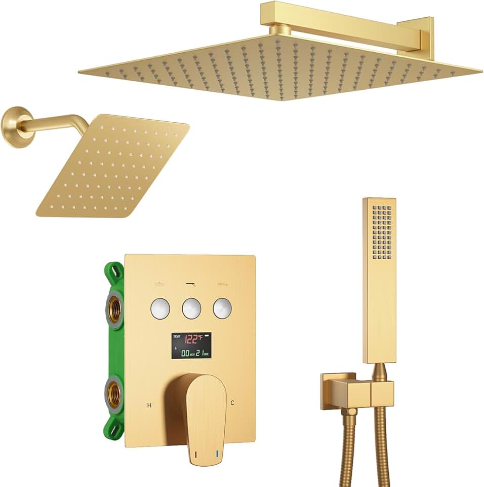 Brushed Gold Shower System Dual Head Rain Shower System Temperature ...
