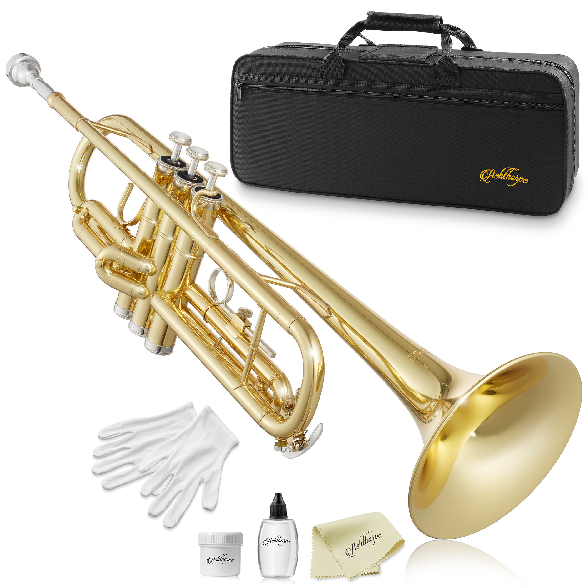 Ashthorpe Standard Bb Trumpet with Case, Mouthpiece, Gloves, Cleaning ...