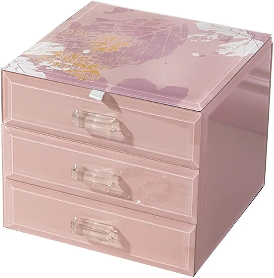 Jewelry Storage Box 3 Tier Glass Jewelry Organizer Box Pink Jewelry ...