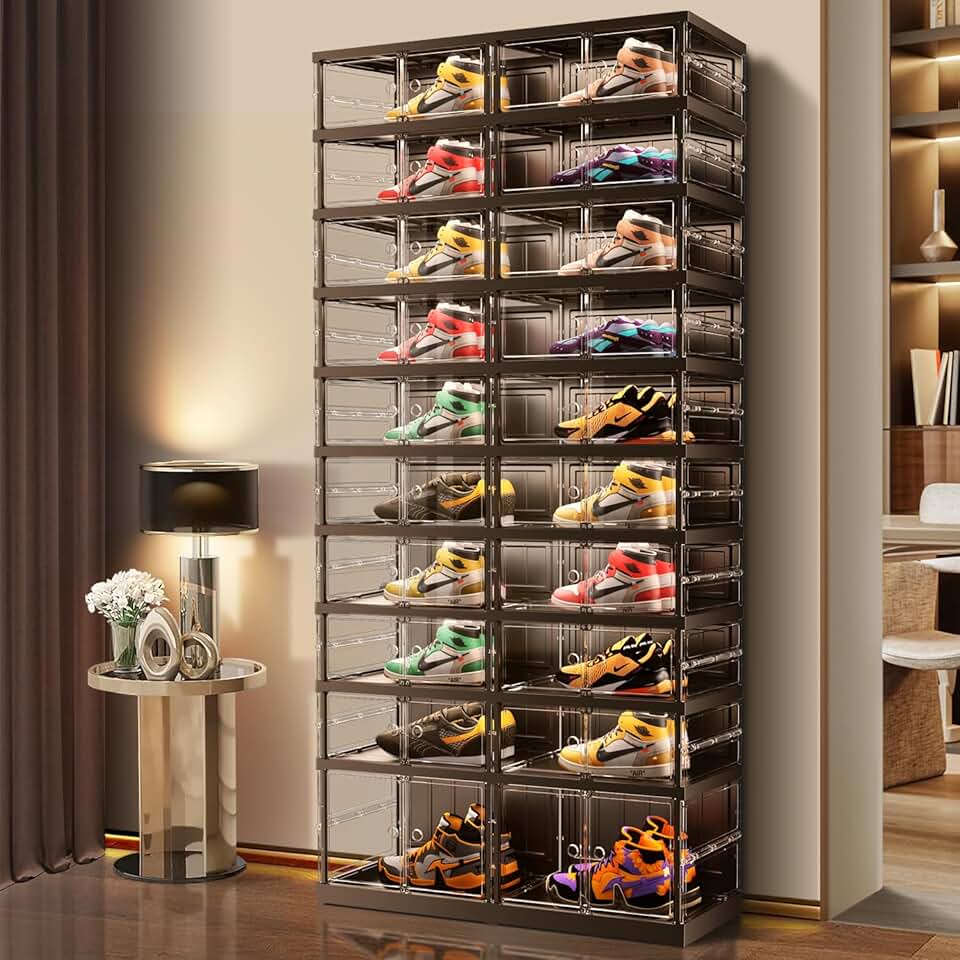 10 Tiers 20-40 Pairs Foldable Shoe Boxes Large Plastic Shoe Storage ...