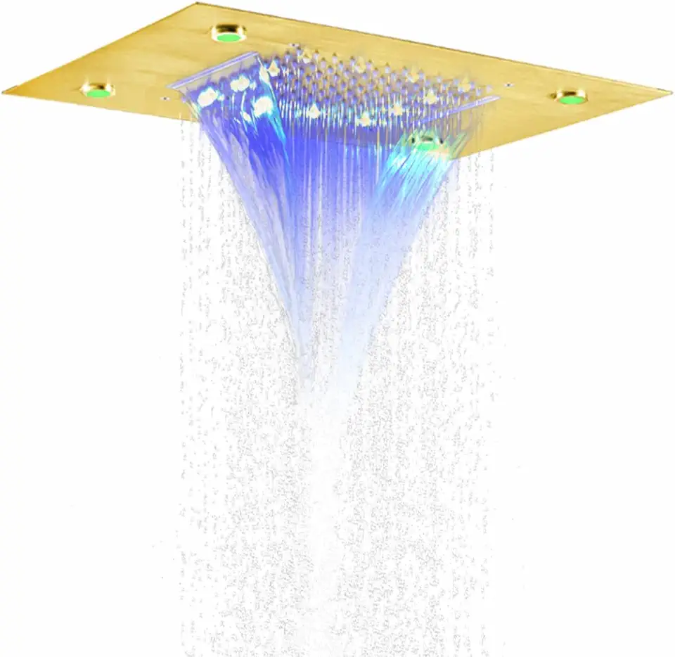 Brushed Gold LED Ceiling Rain Shower Head 14X20 Inch Bathroom Rectangle ...