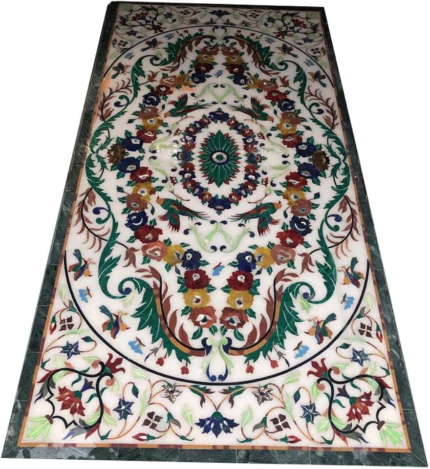 Designer White Marble Dining Table Top, Handmade Multi Stone floral ...