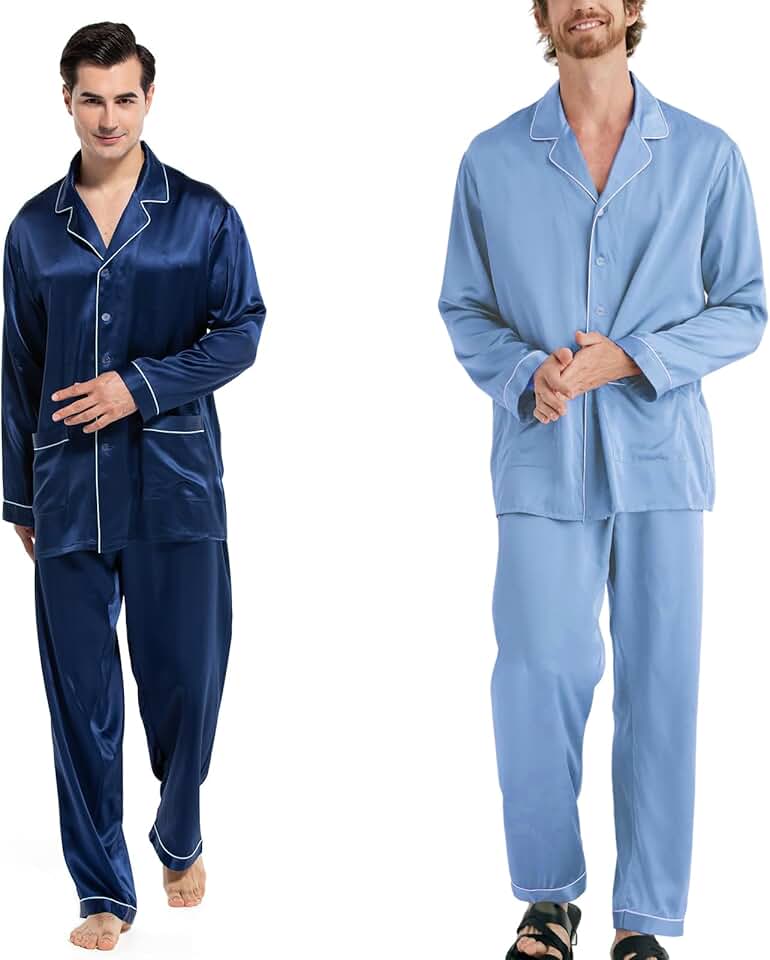 COLD POSH Men's Silk Long Pajamas Set for Men 2 Piece Sleepwear ...