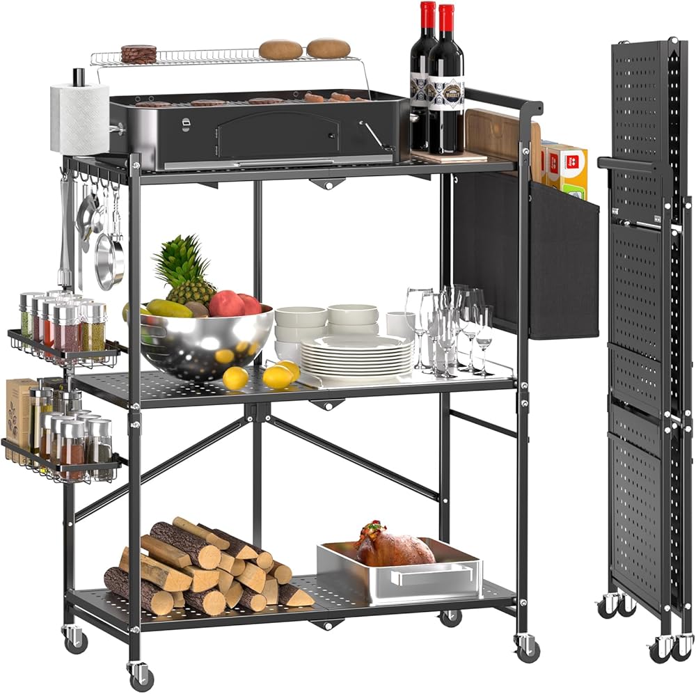Foldable Outdoor Grill Cart with 3-Tier,Grill Cart,Grill Table for ...