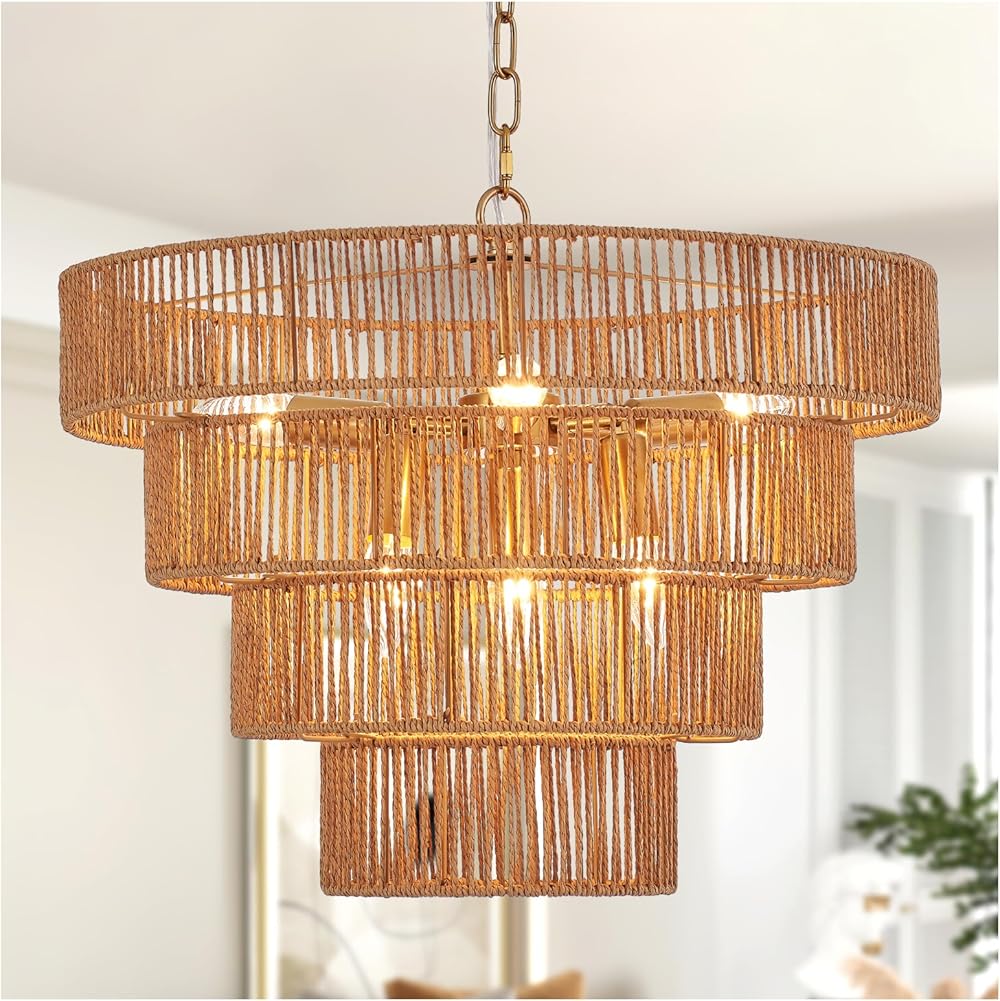 Hand-Woven Rattan Chandelier Vintage Farmhouse 6-Lights Boho 19.7 ...