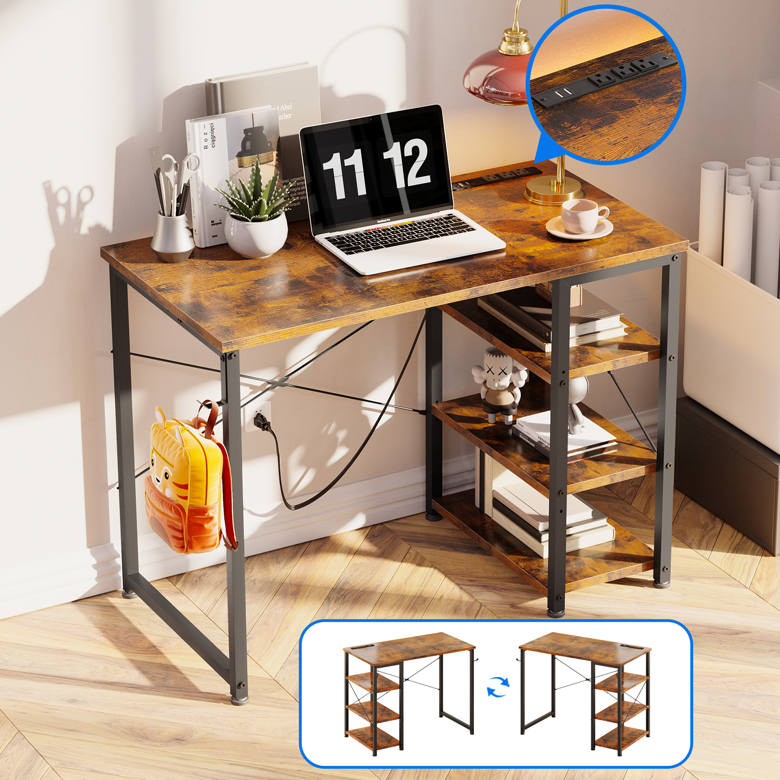 Modern Writing Desk with 3 Tier Shelves for Small Space, Computer Table ...