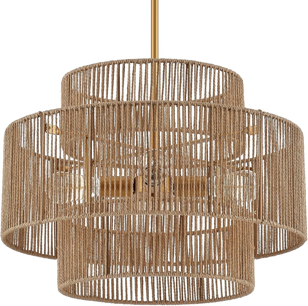 24” Boho Hand Woven Rattan Chandelier 3 Round Adjustable 4-Light Large ...
