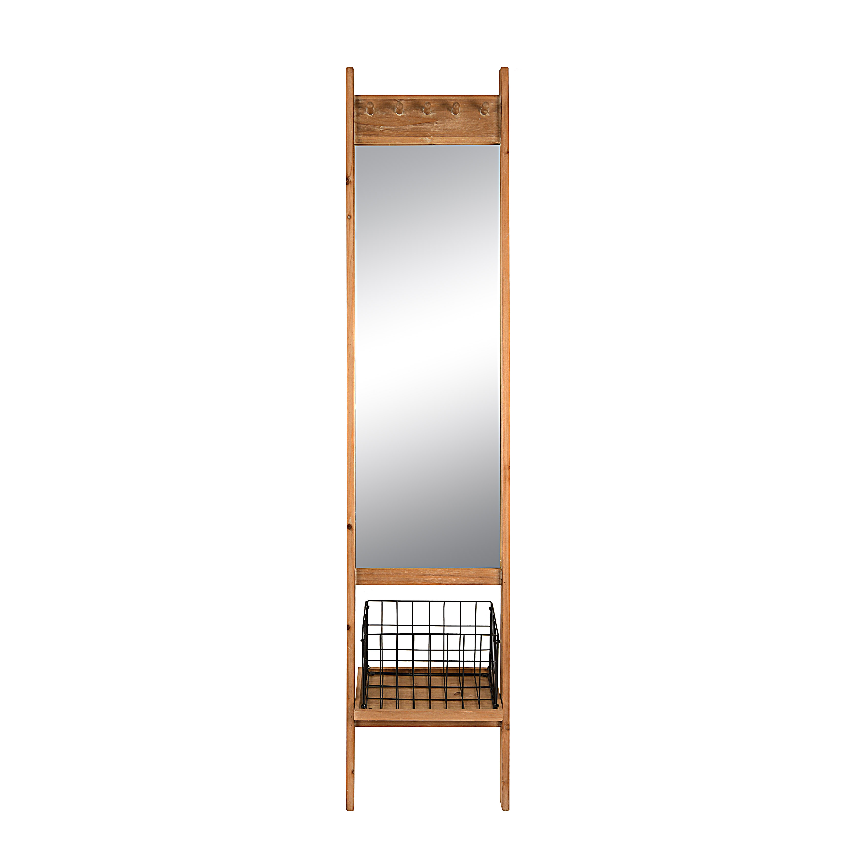 Woven Paths Wood Floor Mirror with Metal Basket and Hooks - Arizona Outlet