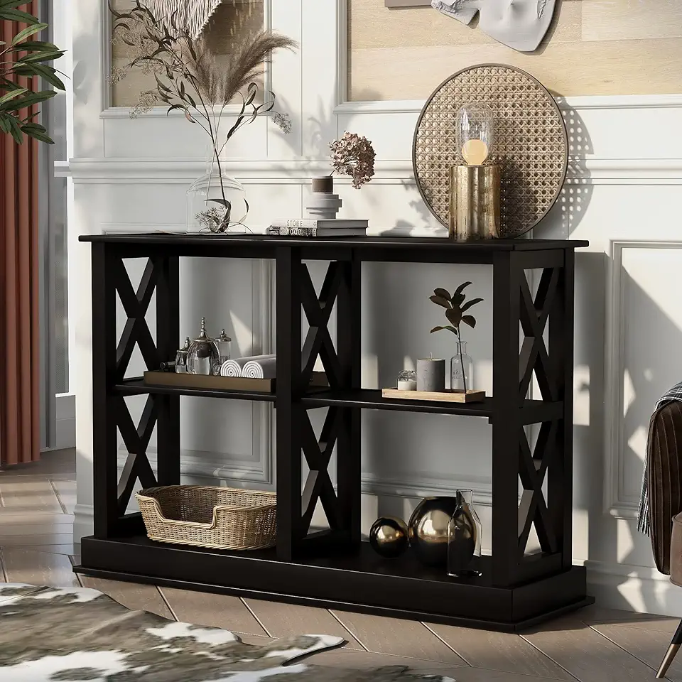 Console Table with 4-Tier Open Spaces and X-Shaped Frame, Rustic Sofa ...