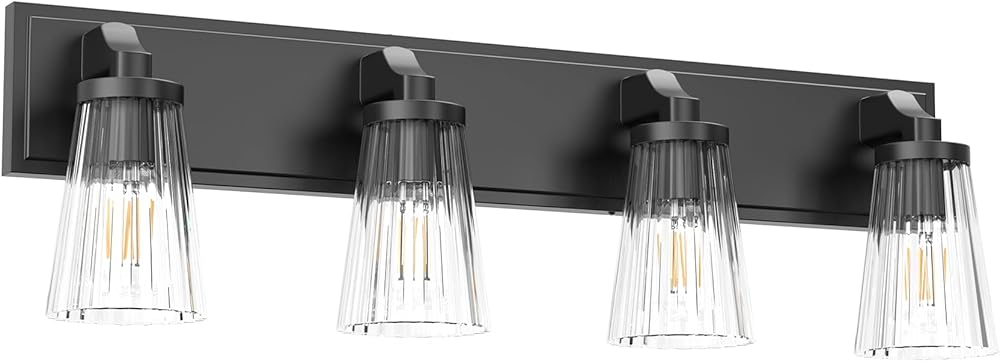 Bathroom Vanity Light, Clear Ribbed Glass Cone Shades & Large Matte ...