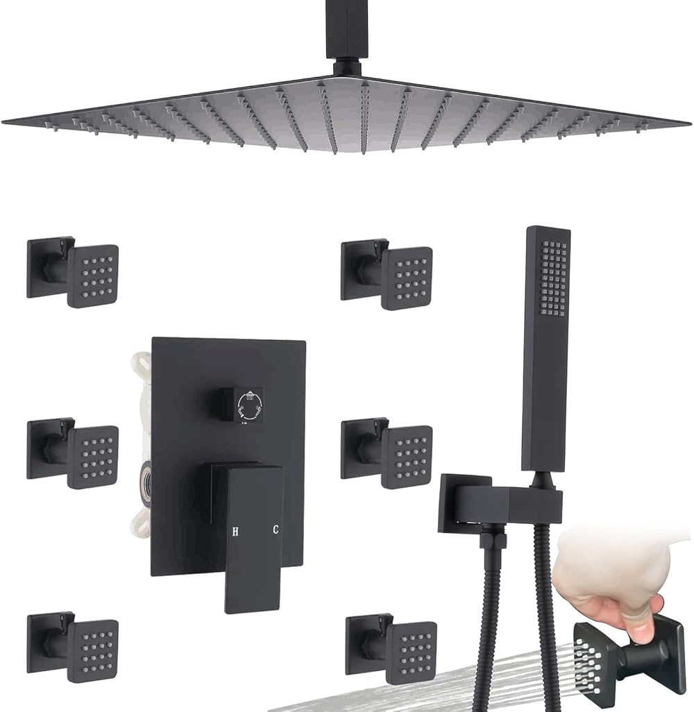 Shower System Body Jets with On-Off Switch, 16 Inch Rain Shower Head ...